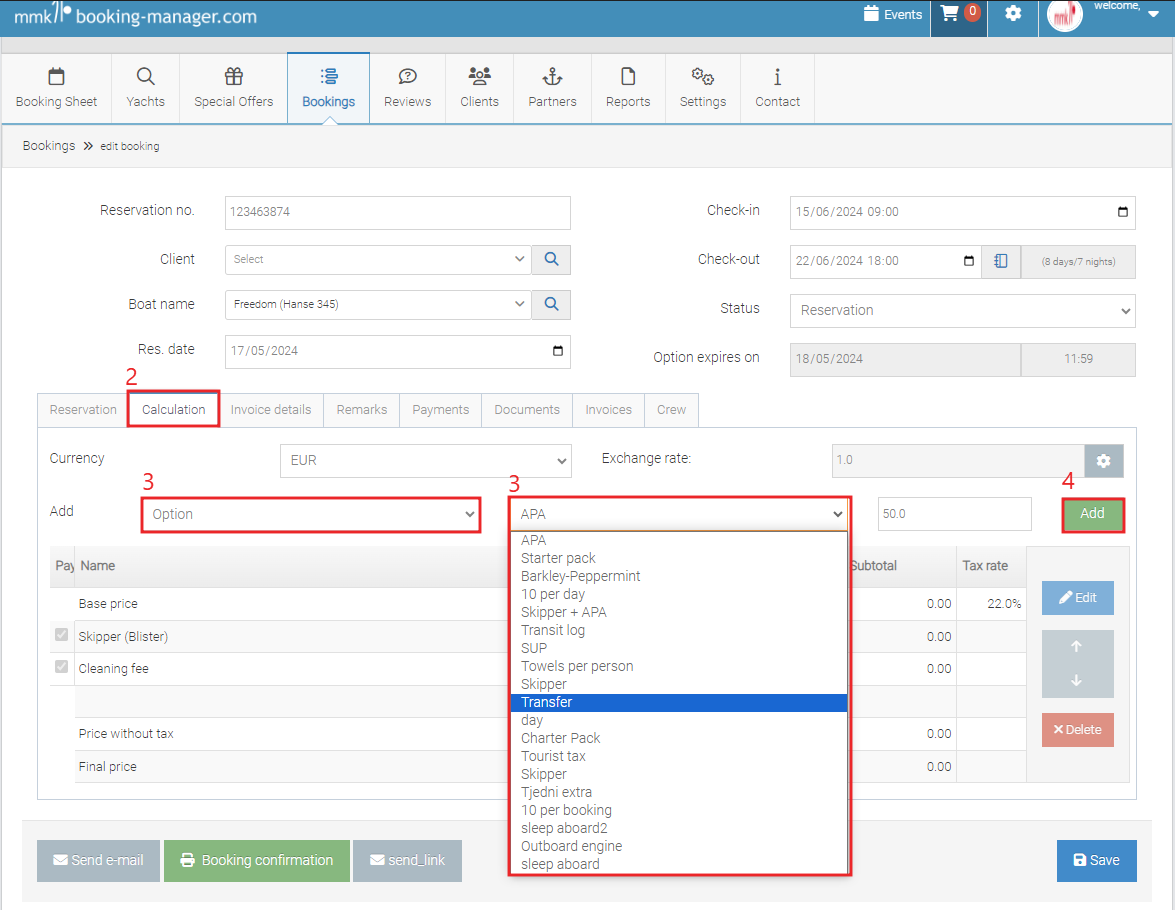 How to Enter an Optional Extra in a Reservation – Booking Manager